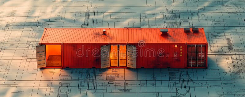 Sunset-lit Red Container on Blueprints Stock Illustration ...