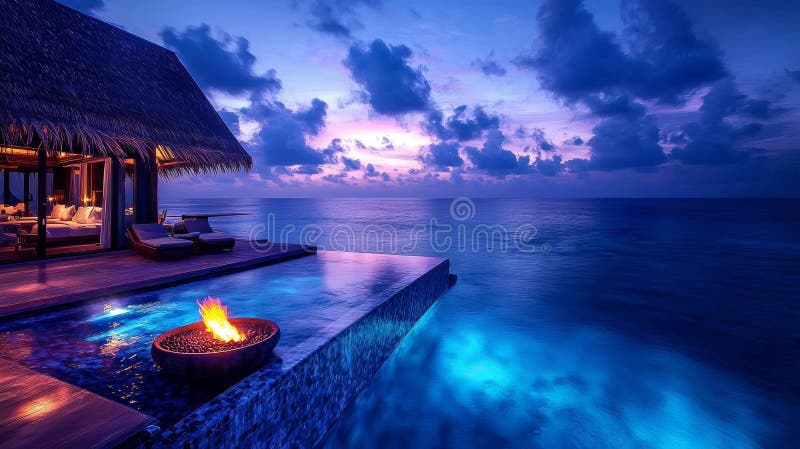 A Sunset-lit Tropical Villa Boasting an Infinity Pool and a Fire Pit ...