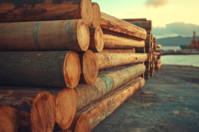 At Sunset, Logs from Freshly Cut Trees are Arranged in the Forest, with ...
