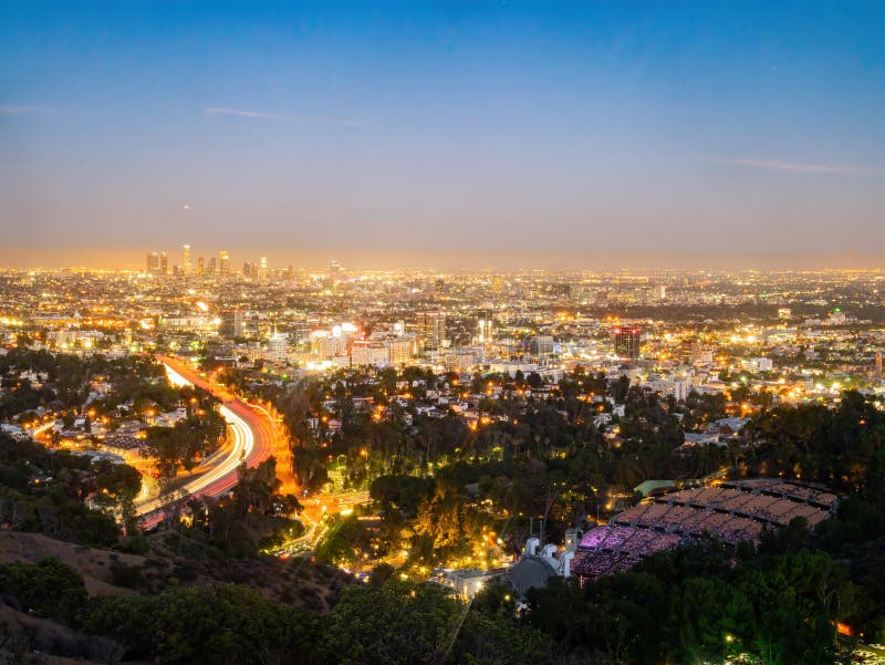 Sunset of the Los Angeles Downtown Skyline Stock Image - Image of ...