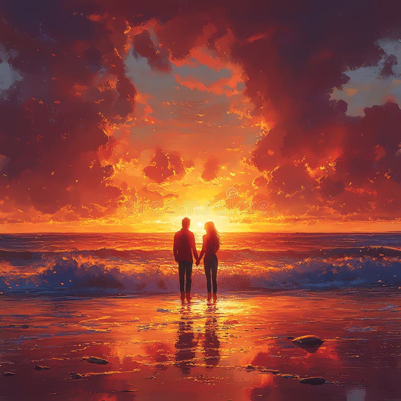 Sunset Lovers Beach Illustration Stock Photo - Image of connection ...