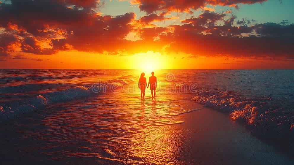 Sunset Lovers Ocean Illustration Stock Image - Image of bonding ...