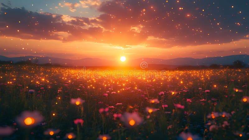 Sunset Magic Glowing Wildflowers, Mountain Backdrop, Peaceful Evening ...