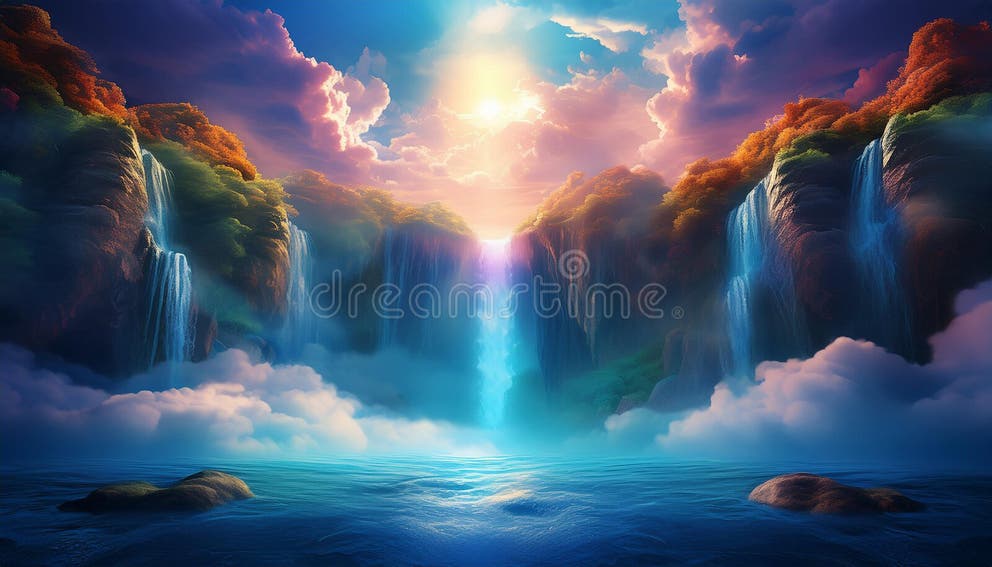 Sunset and Magic Light Heaven Waterfall, Cloudy Sky, Generative Ai ...