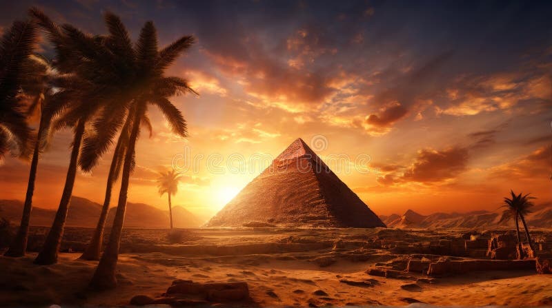 Sunset Majesty: Pyramid in the Desert Stock Illustration - Illustration ...