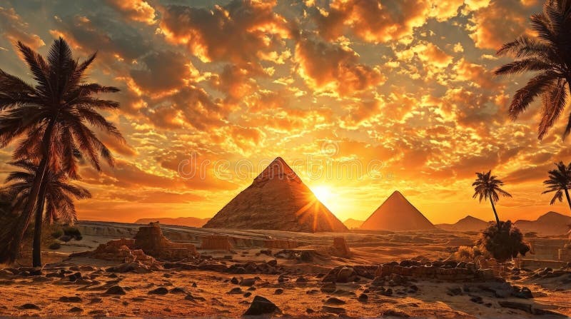 Sunset Majesty: Pyramid in the Desert Stock Illustration - Illustration ...