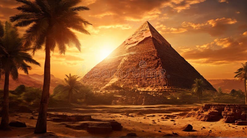 Sunset Majesty: Pyramid in the Desert Stock Illustration - Illustration ...