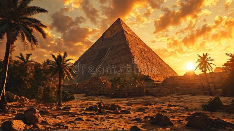 Sunset Majesty: Pyramid in the Desert Stock Illustration - Illustration ...