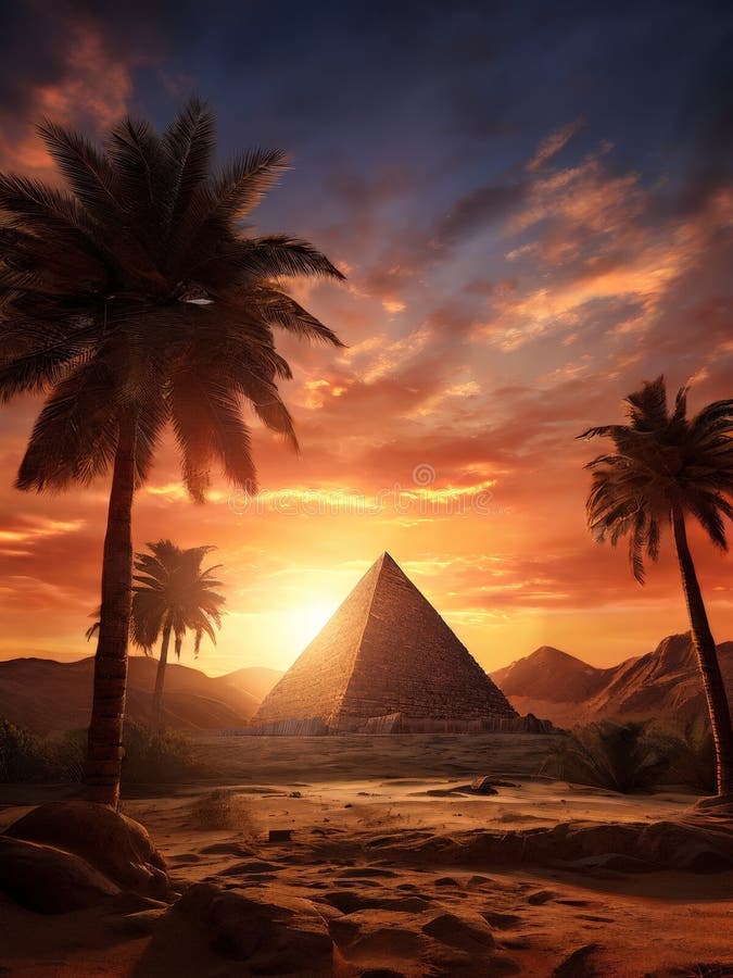 Sunset Majesty: Pyramid in the Desert Stock Illustration - Illustration ...