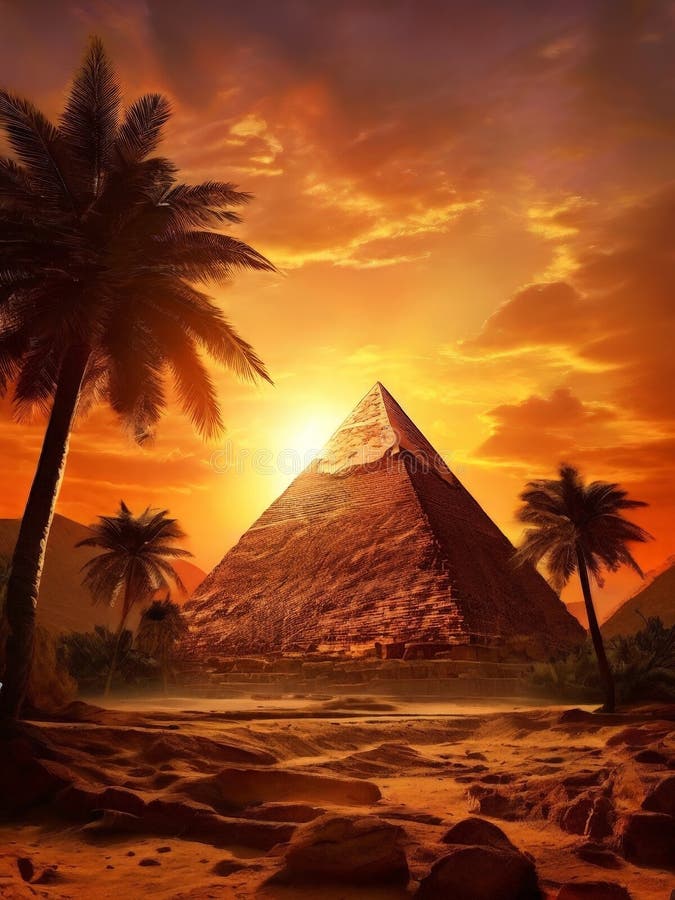 Sunset Majesty: Pyramid in the Desert Stock Illustration - Illustration ...
