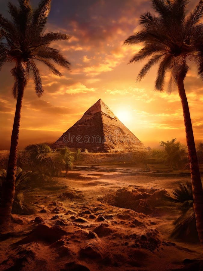 Sunset Majesty: Pyramid in the Desert Stock Illustration - Illustration ...