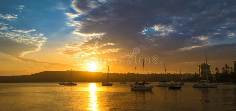 Sunset in the Harbour of Manly Stock Photo - Image of manly, people ...