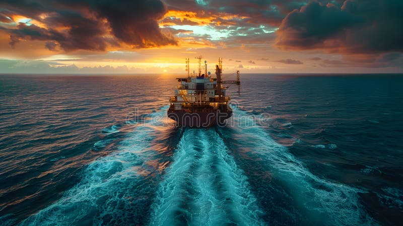 Sunset Maritime Vessel Navigating in Open Ocean Waters Stock Image ...