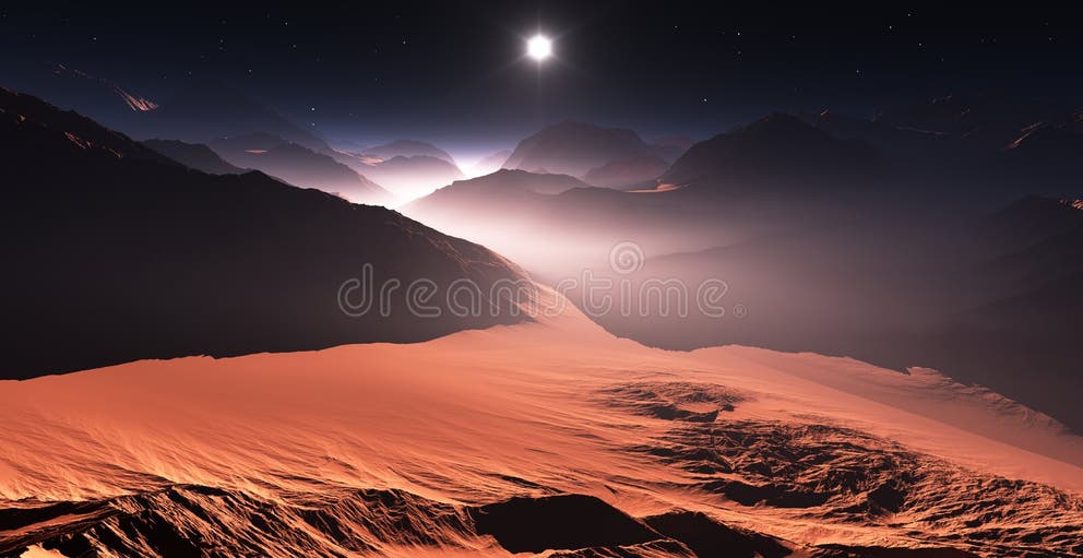 Sunset on Mars. Mars Mountains, View from the Valley Stock Illustration ...