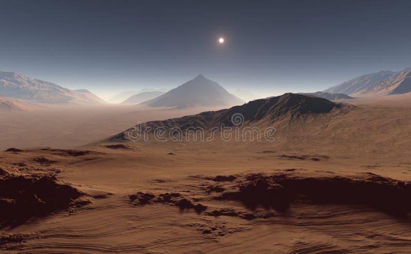 Sunset on Mars. Mars Mountains, View from the Valley. Panorama ...