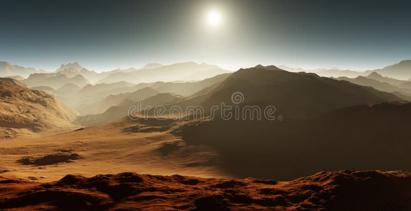 Sunset on Mars. Martian Landscape Stock Illustration - Illustration of ...
