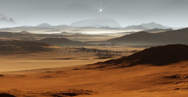 Sunset on Mars. Mars Mountains, View from the Valley. Panorama ...