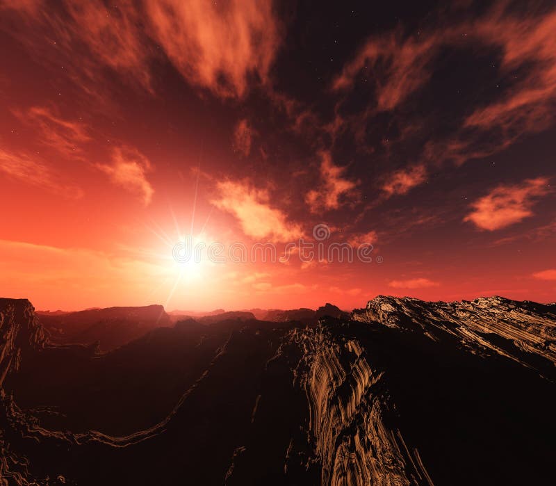 Sunset on Mars, Martian Panorama Stock Illustration - Illustration of ...