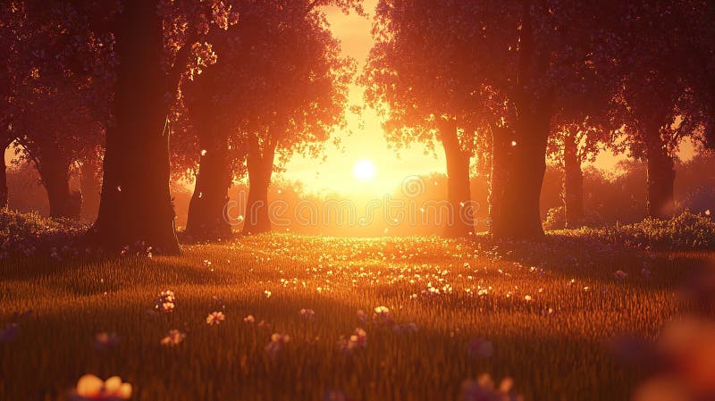 Sunset Meadow, Blossoming Trees, Peaceful Scene, Fantasy Setting, Game ...