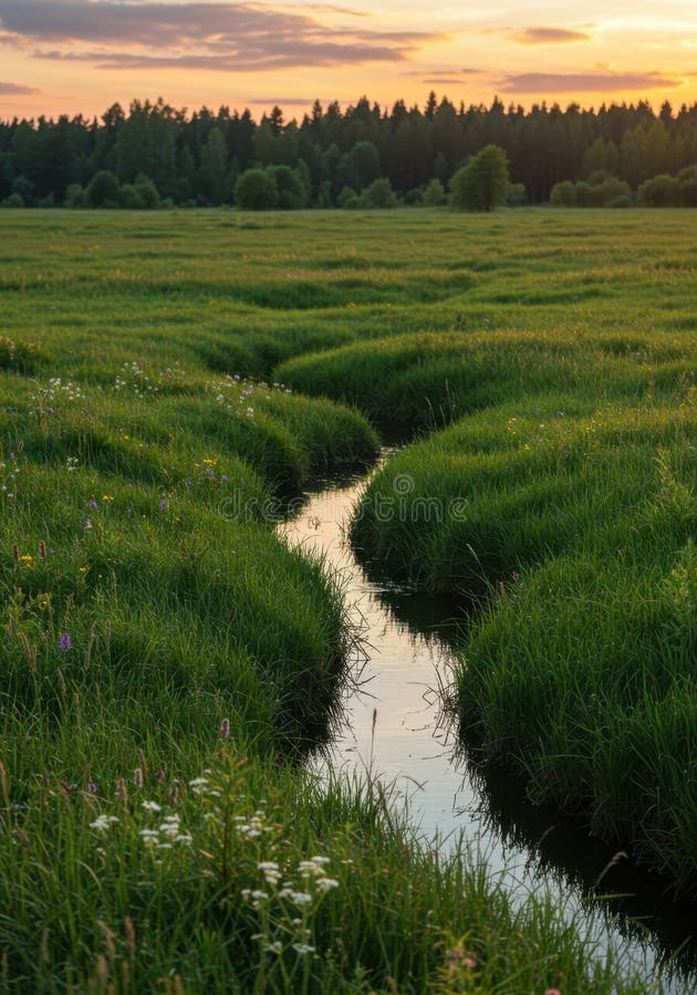 Serene Sunset Landscape Wildflowers Stream Golden Hour Stock Photos ...