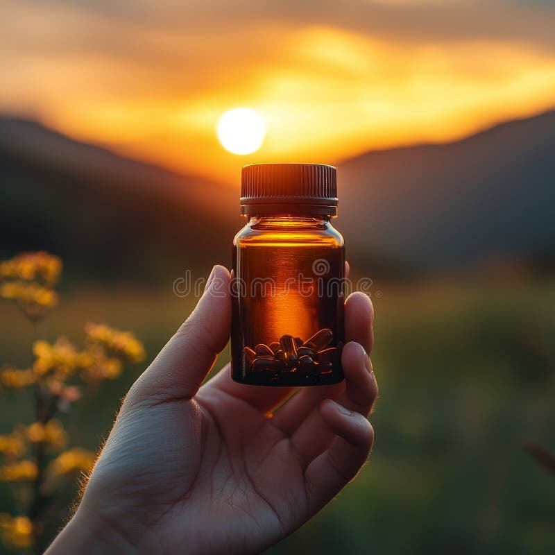 Sunset with Medicine Bottle in Hand. Stock Illustration - Illustration ...