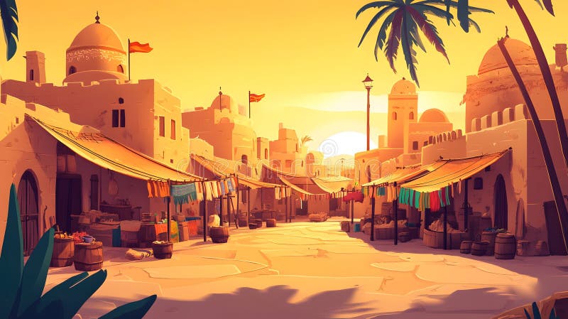 Sunset Middle Eastern Bazaar Traditional Market Stalls Desert ...