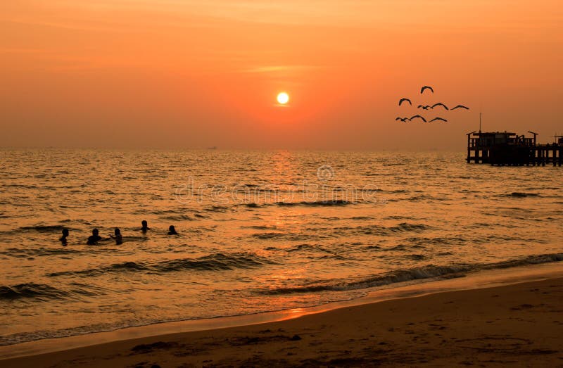 Sunset in Mist on the Beach Stock Image - Image of girl, beach: 52559609
