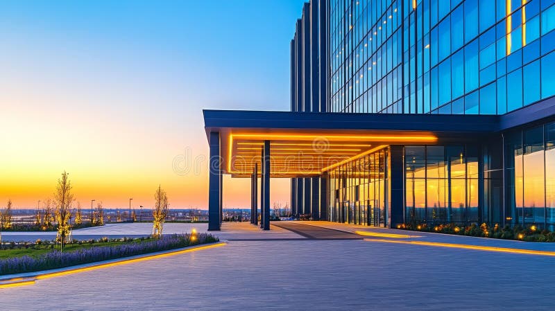Sunset Modern Building Entrance, Architecture, Glass Facade Modern ...