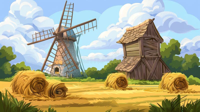 This is a Sunset Modern Illustration of a Windmill and Barn on a Farm with Hay Stacks on the ...