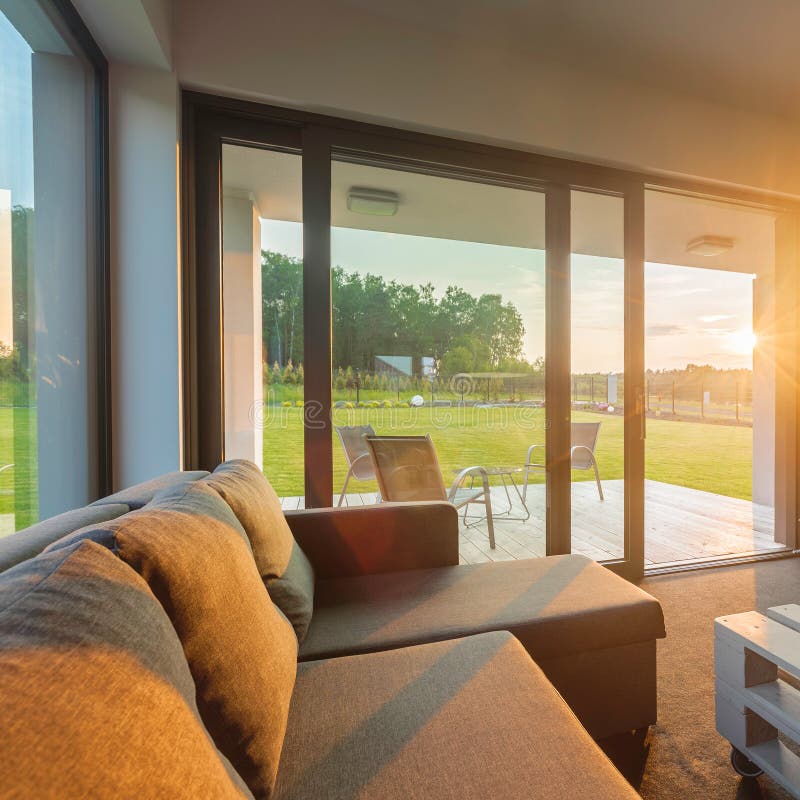 Sunset in Modern Living Room Stock Photo - Image of elegance, wall ...