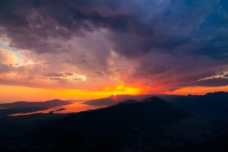 Sunset in Montenegro Over the Mountains and the Sea Stock Image - Image ...