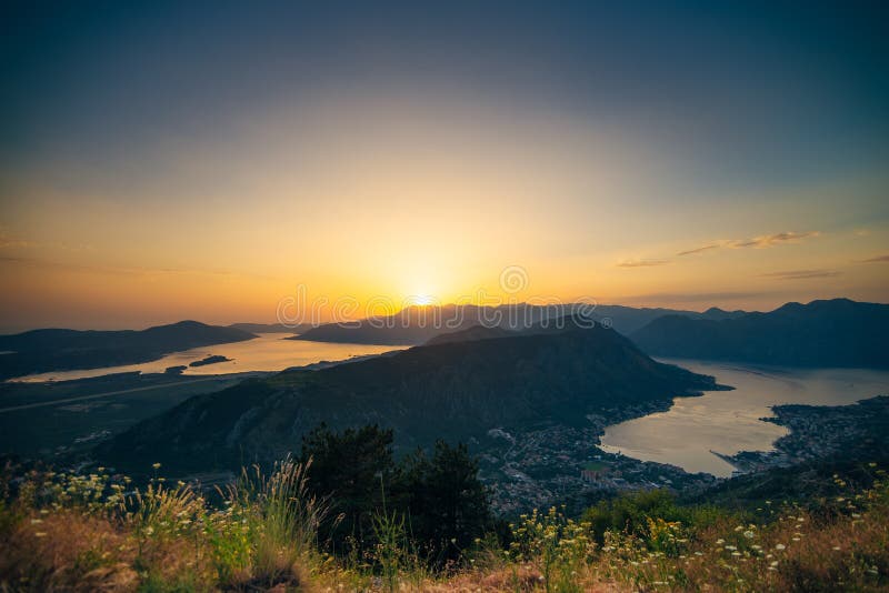 Sunset in Montenegro Over the Mountains and the Sea Stock Image - Image ...