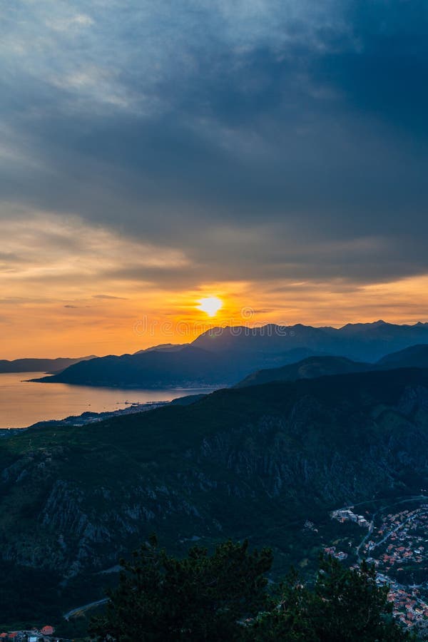 Sunset in Montenegro Over the Mountains and the Sea Stock Image - Image ...