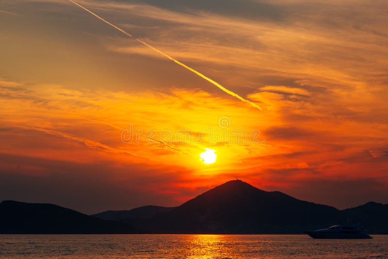 Sunset in Montenegro Over the Mountains and the Sea Stock Photo - Image ...