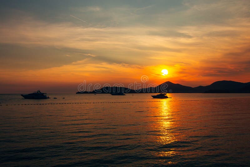 Sunset in Montenegro Over the Mountains and the Sea Stock Photo - Image ...