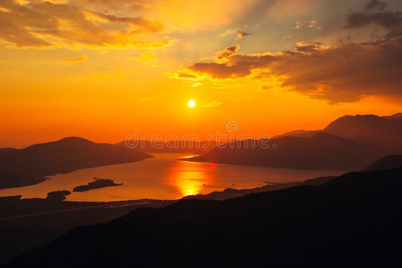 Sunset in Montenegro Over the Mountains and the Sea Stock Image - Image ...