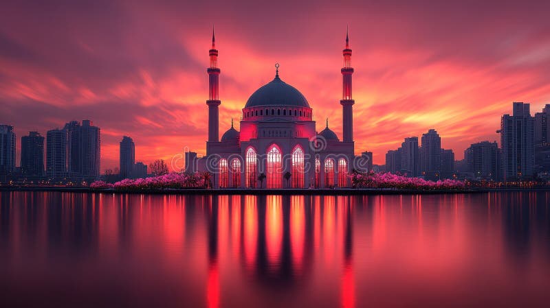 Sunset Mosque Reflection Cityscape Stock Illustration - Illustration of ...