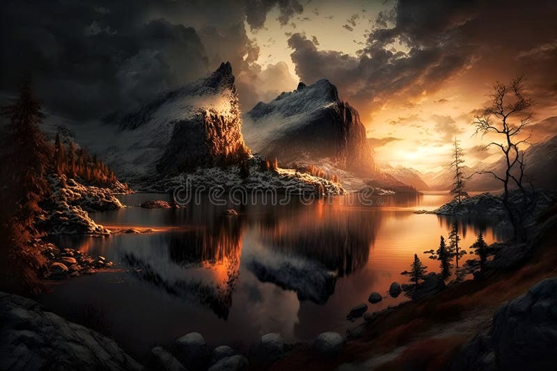 Sunset Mountain Art Magical Nature Wilderness Stock Illustration ...