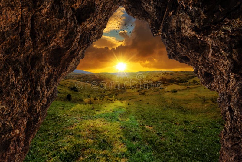 Sunset on the Mountain from a Cave Stock Photo - Image of color, beauty ...