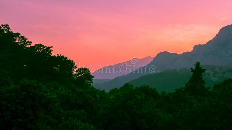 Sunset stock photo. Image of mountain, trees, forest - 71712446
