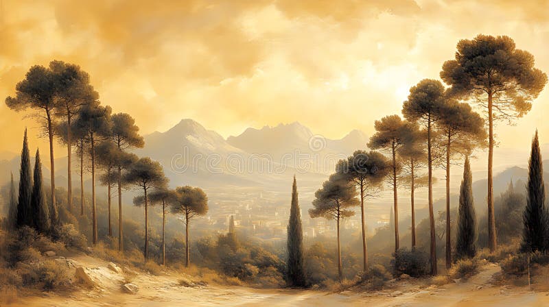 Sunset Mountain Landscape, Pine Trees, Valley Town, Art Print Stock ...