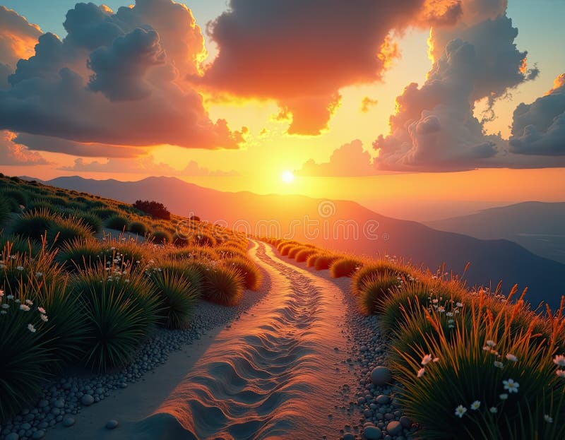 Sunset Mountain Path Serene Landscape Photography Stock Illustration ...