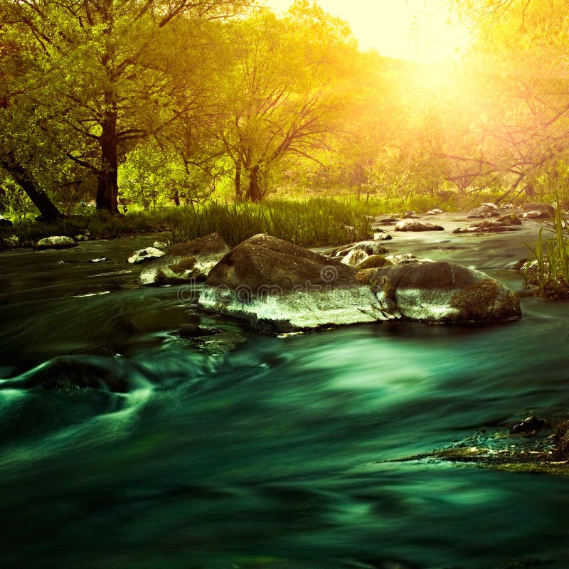 Sunset on the Mountain River Stock Photo - Image of background, park ...