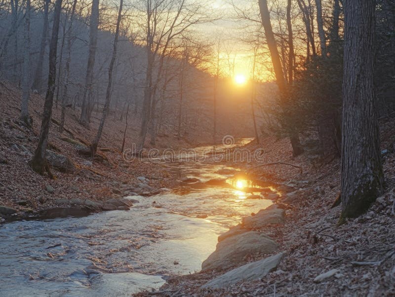 Sunset Stream in Forest. a Peaceful Stream Flows through a Dense Forest ...