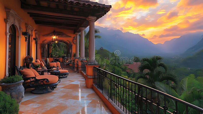 Sunset Mountain View Luxury Patio Relaxation Stock Illustration ...