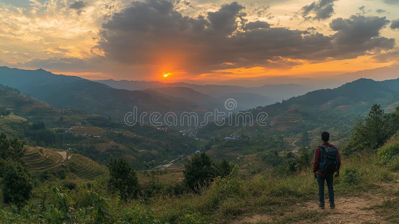 Sunset Mountain View Realistic Image Stock Image - Image of hills ...