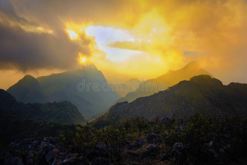 Sunset in the mountains stock image. Image of landscape - 89139549