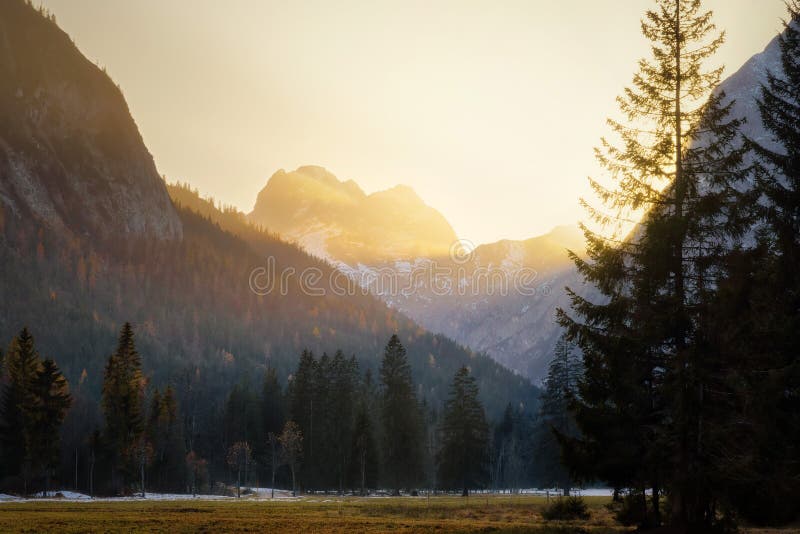 Sunset of the Mountains in the Dolomites in Winter Stock Photo - Image ...