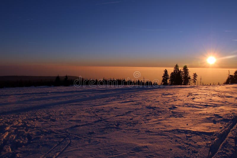Sunset in Mountains and Fog in Wintertime Stock Image - Image of ...