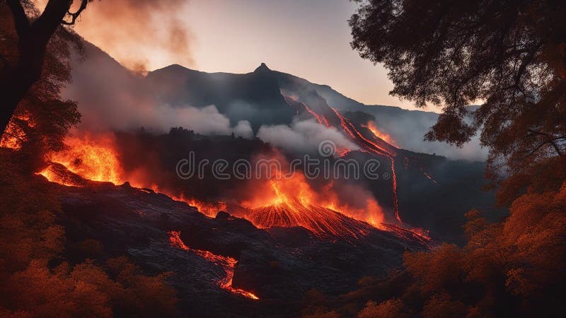 Sunset in the Mountains Horror Waterfall of Fire, with a Landscape of ...